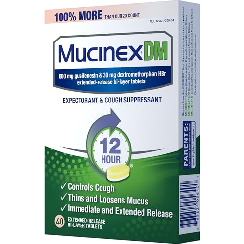 Mucinex DM 12Hr Chest Congestion & Cough Medicine For Adults, Cold And Cough Medicine for Excess Mucus Relief, 600 mg Guaifenesin & 30 mg Dextromethorphan HBr, 40 Bi-Layer Tablets