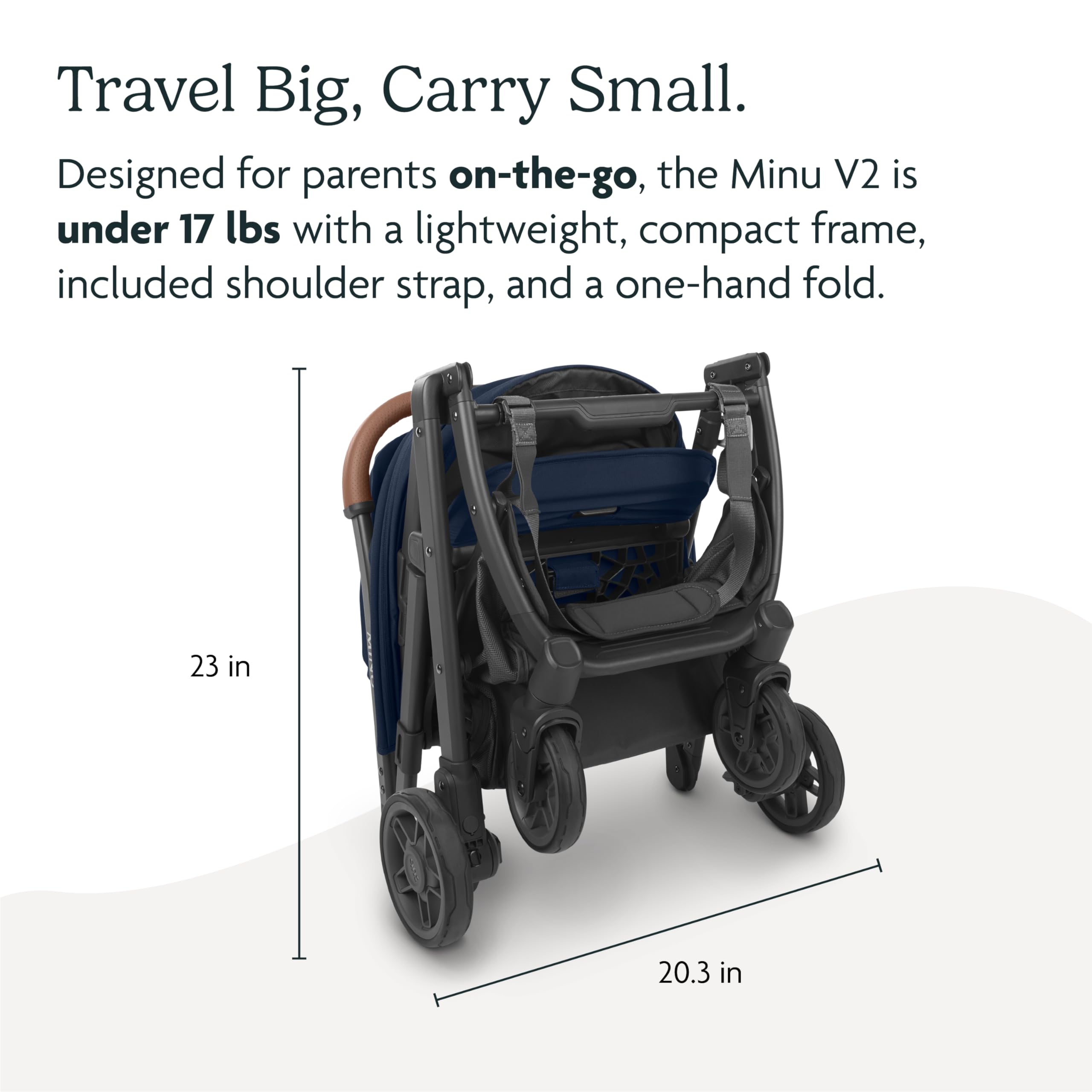 UPPAbaby Minu V2 Travel Stroller/Lightweight, Portable Design/One-Hand Fold/Shoulder Strap and Leather Bumper Bar Included/Charlotte (Coastal Blue/Carbon Frame/Saddle Leather)