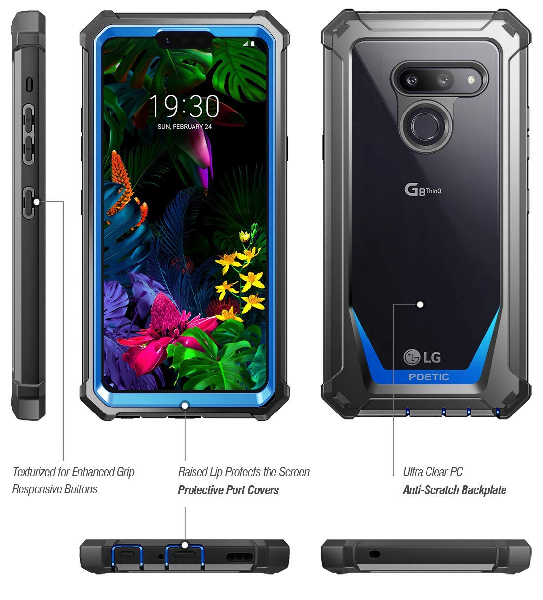 Poetic Guardian Series Case Designed for LG G8 ThinQ (2019), Full-Body Hybrid Shockproof Bumper Clear Cover Case, Built-in-Screen Protector, Blue/Clear