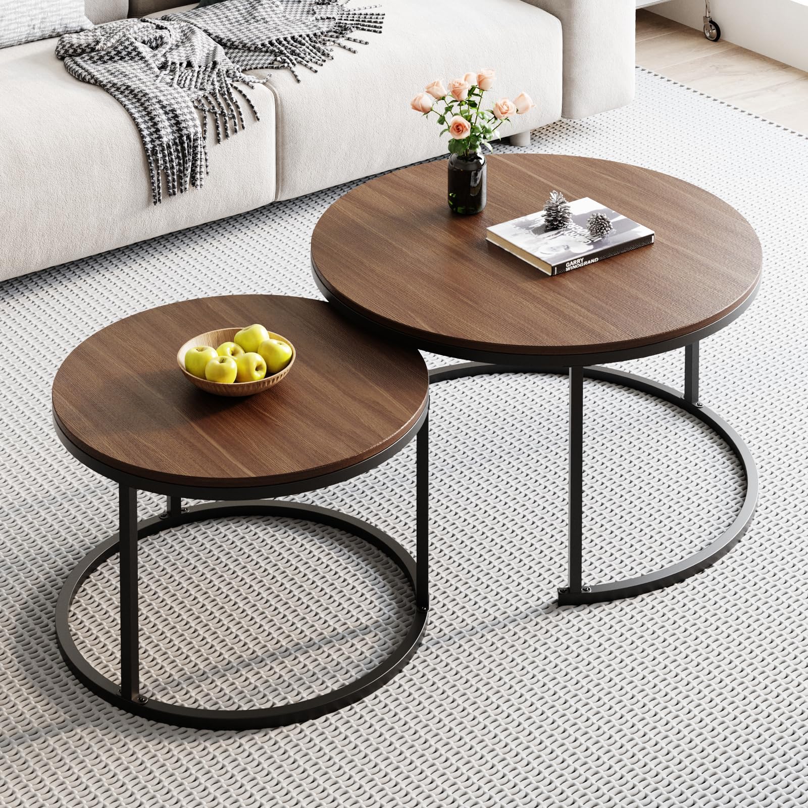 Modern Nesting Coffee Table Set of 2 for Living Room Balcony Office, Modern Decorative Round Wooden Coffee Center Table with Sturdy Metal Frame