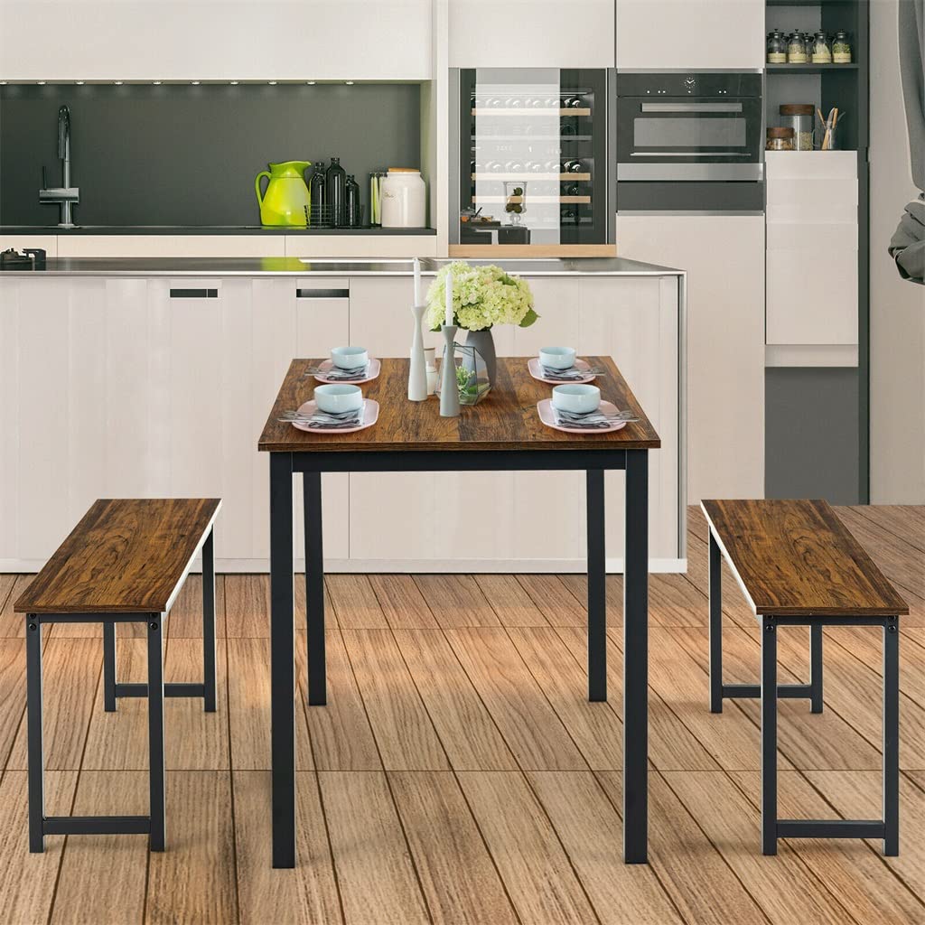 MJWDP 3 Piece Dining Table Bench Set with Wooden Top and Metal Frame Furniture Set
