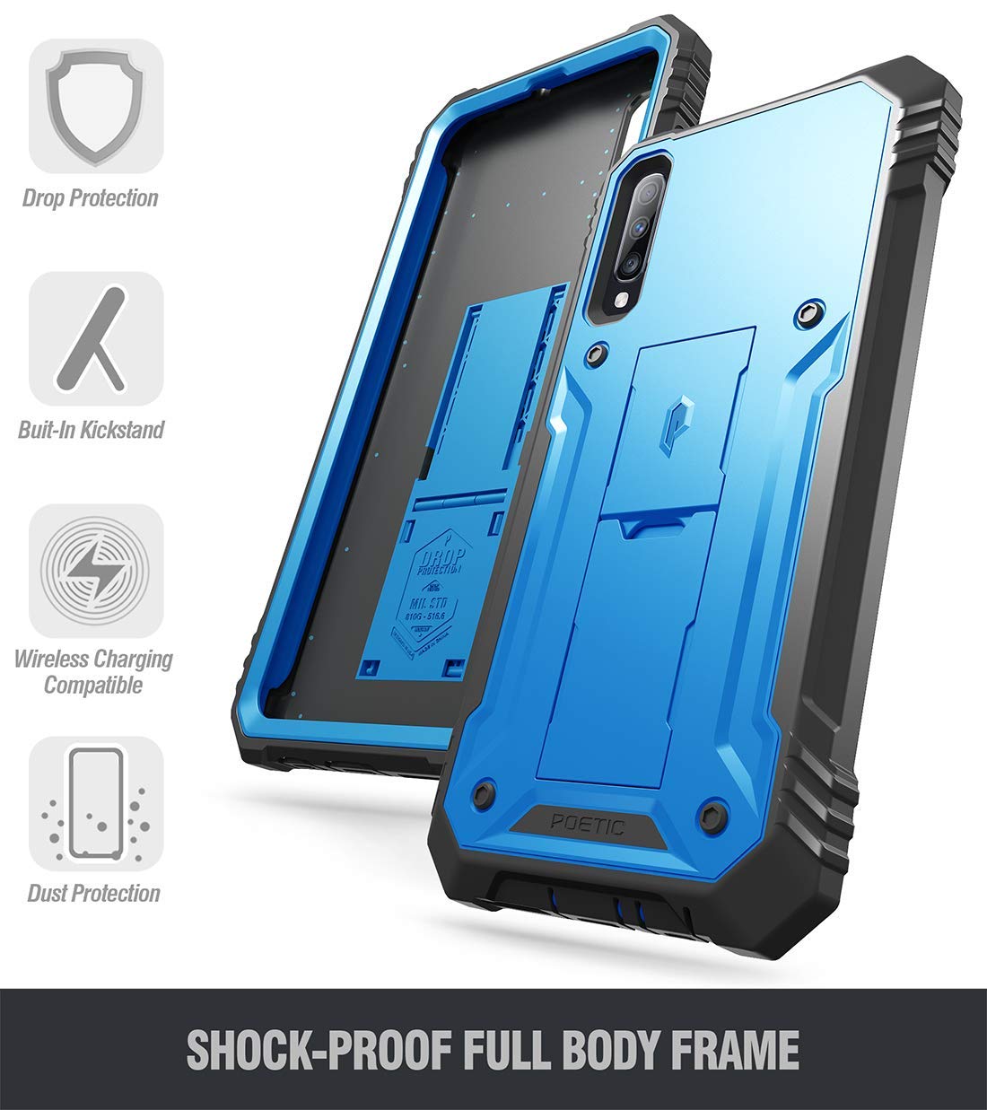 Poetic Revolution Series Phone Case for Samsung Galaxy A70 Case, Full-Body Rugged Dual-Layer Shockproof Protective Cover with Kickstand and Built-in-Screen Protector,Blue