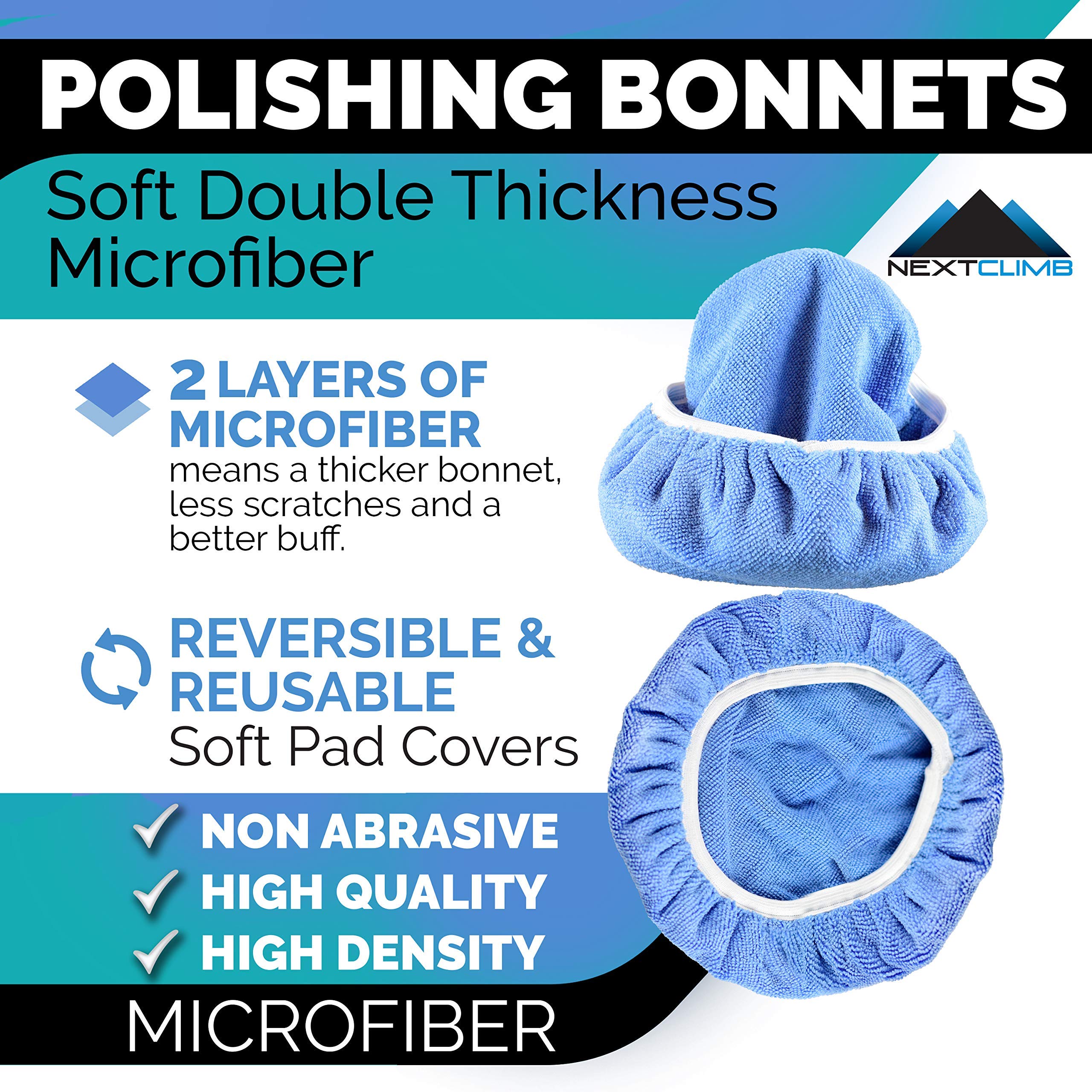 NextClimb Polishing Bonnet Applicator Pads - Double Thick Microfiber Bonnets - Reversible Soft Auto Buffing Wax Applicator Covers for Car Orbital Buffer Polisher (Large 9-10 Inches, 3-Pack)