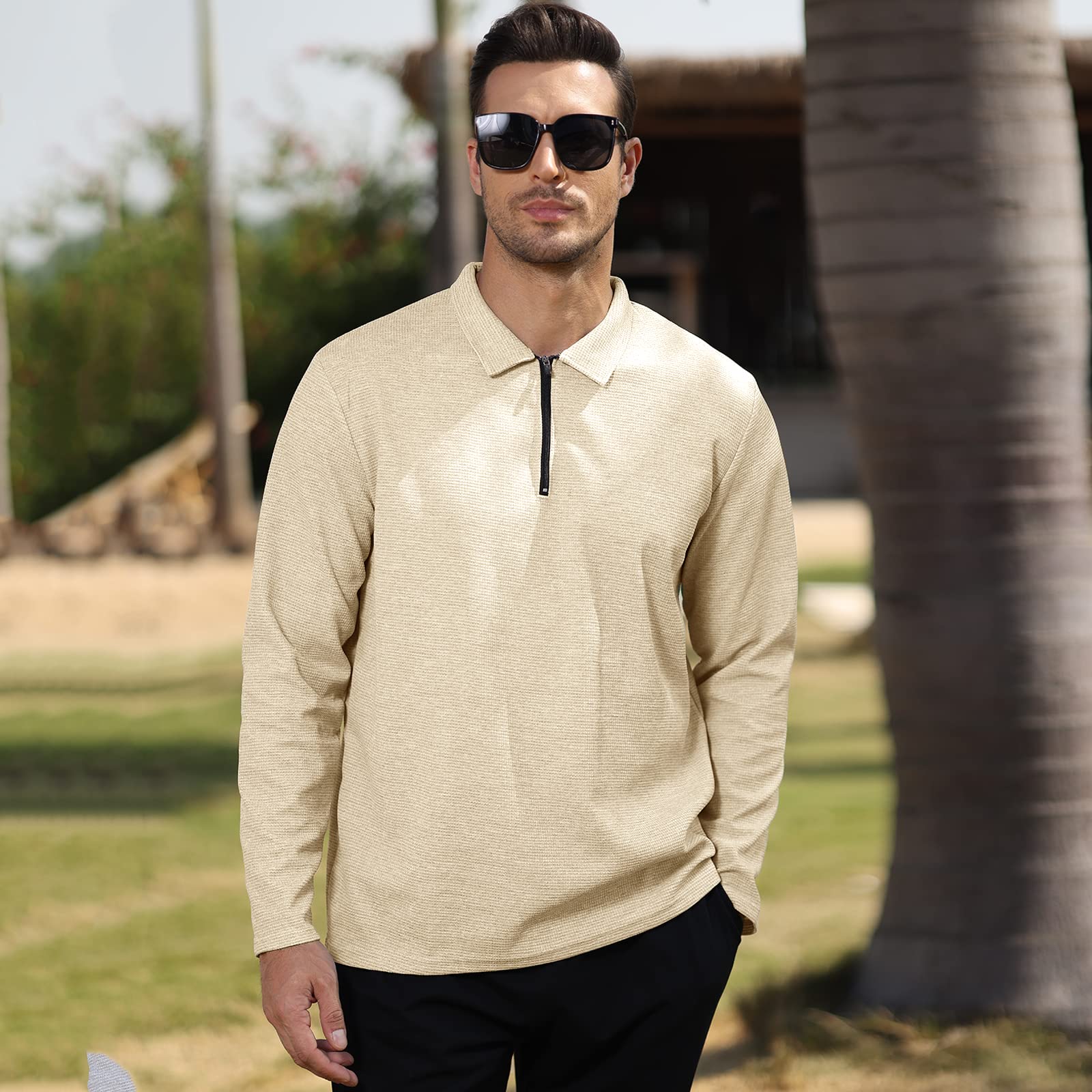 ThusFar Mens Short Sleeve Shirts Casual Slim Fit Waffle Golf Polo Shirt V-Neck Turn-Down Collar Zipper Active Shirts Khaki01 L