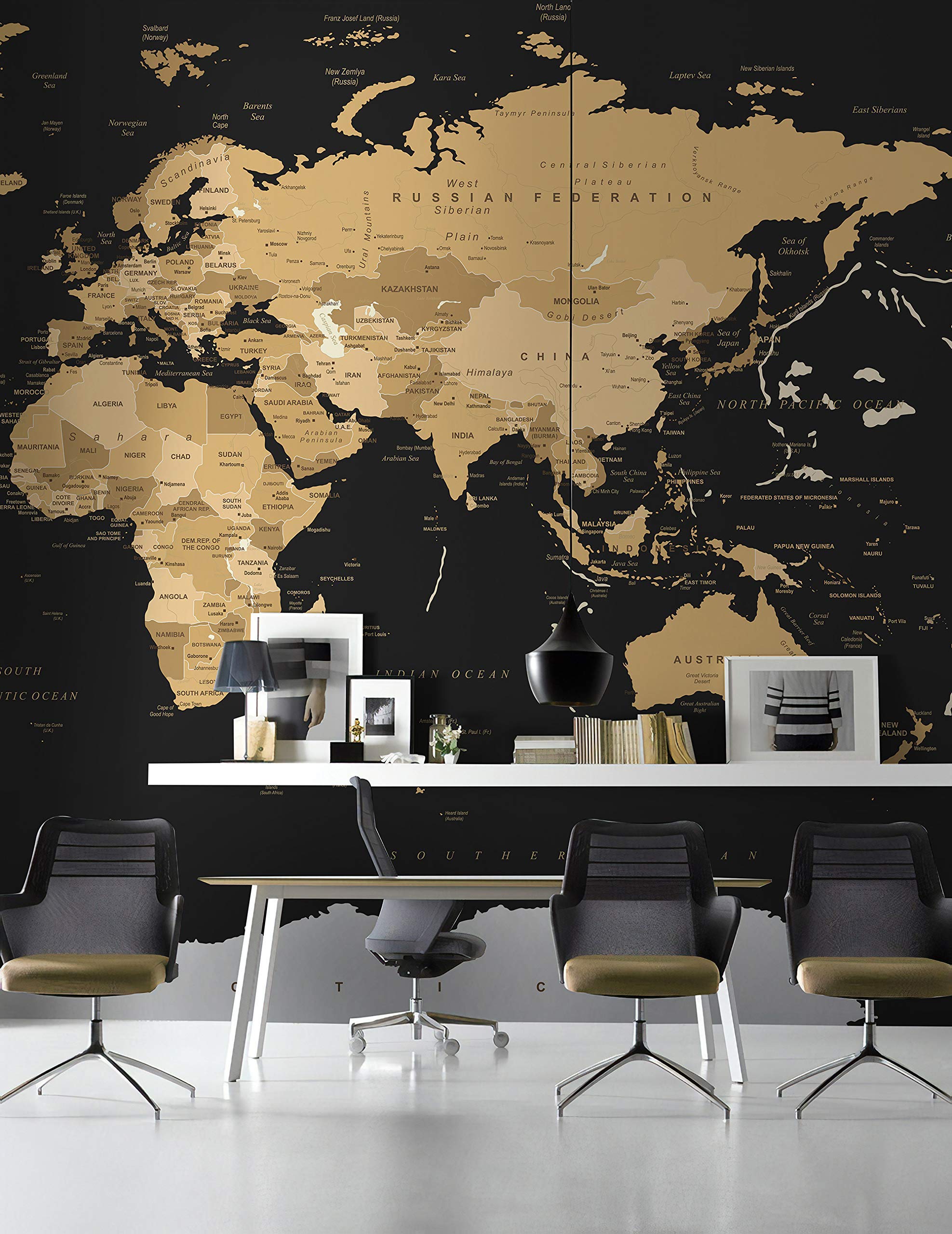Murwall Map Wallpaper Black Brown World Map Wall Mural Dark Political Maps Wall Print Livingroom Office Decor Entryway Hallway