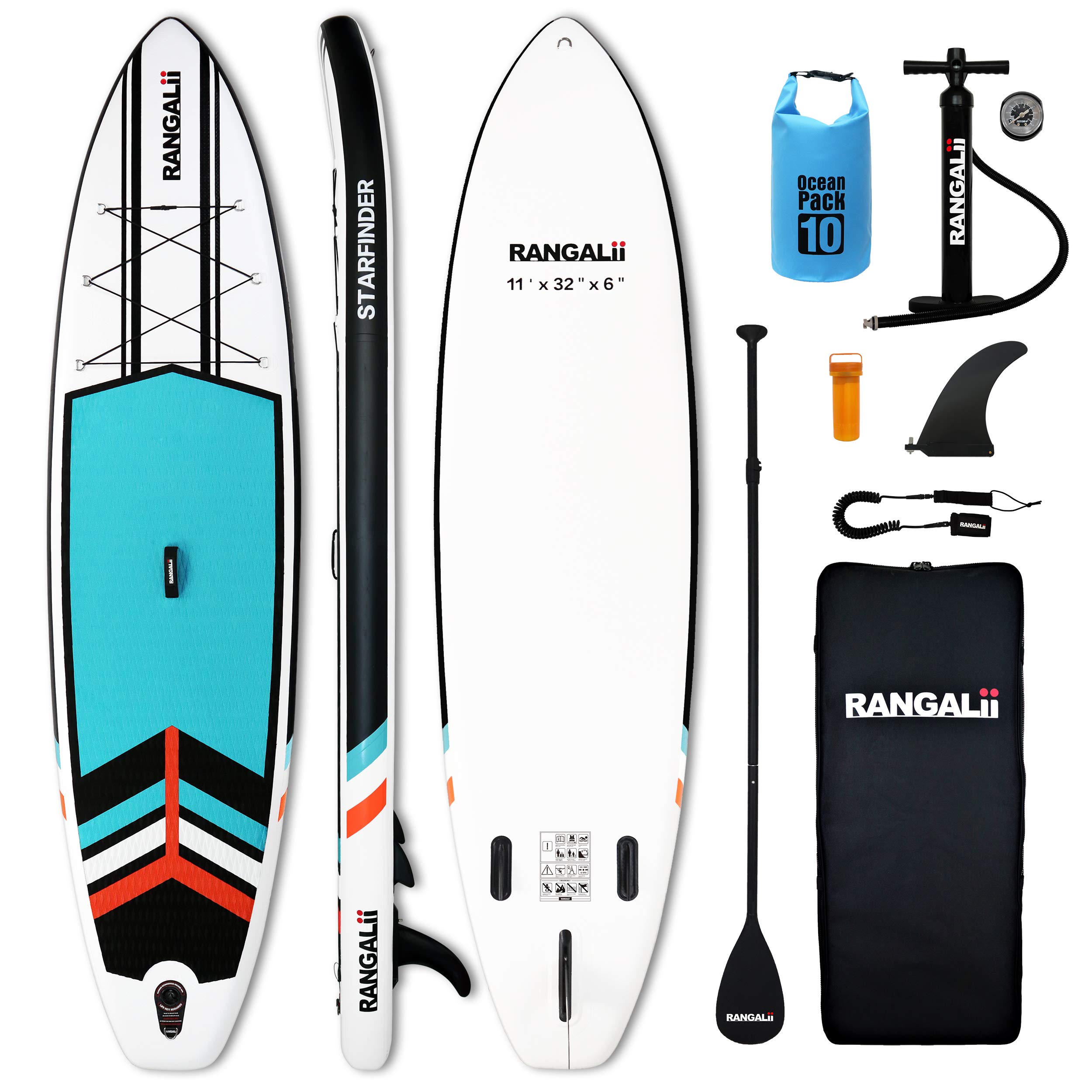 RANGALii 11' Foot Inflatable SUP Stand Up Paddle Board(32" Wide, 6" Thick) Durable with Adjustable Paddle, Backpack, Pump and Leash (Lake Blue)