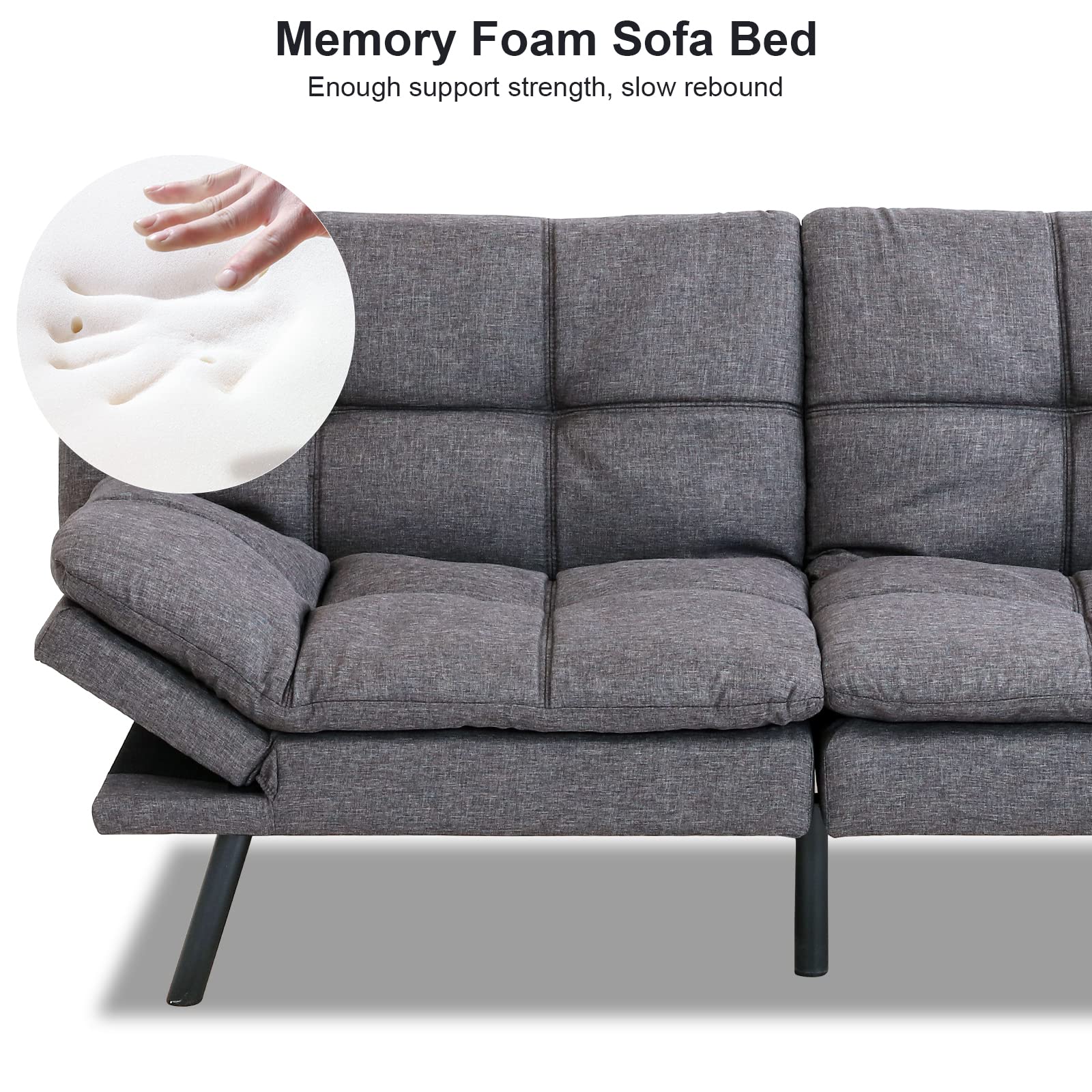 Maxspeed Futon Sofa Bed,Memory Foam Sleeper Sofa Bed Couch,Futon Convertible Sofa Bed Small Couch,Sofa Couch for Living Room Apartment Office.(Grey) (Maxspeed-HR-GREY-002)