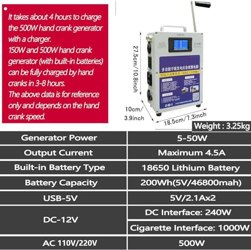 Portable Hand Crank Generator, 500W Small Outdoor Generator, Emergency Power Supply with USB Plug AC/ 46800mAh Charging for Phones Laptops, for Outdoor Camping,