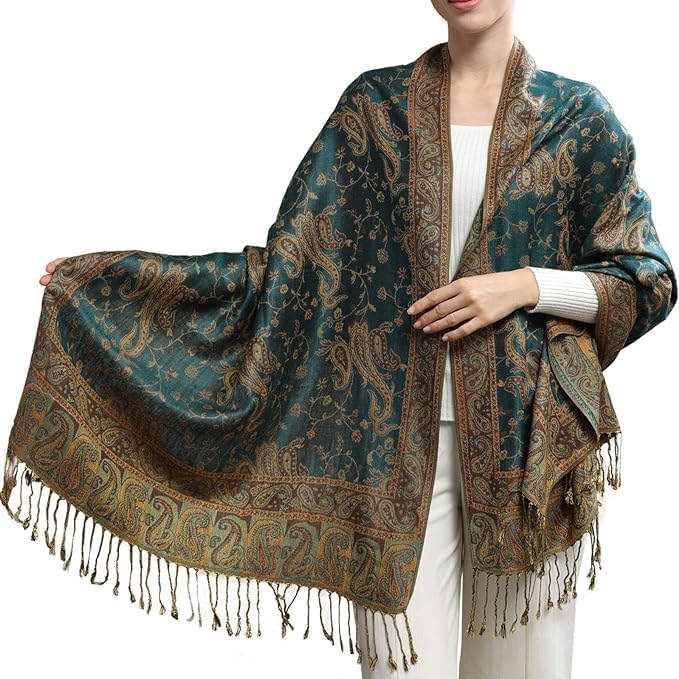 TULAOMAO Two Tone Pashmina Shawls and Wraps with Frings, Women Soft Silky Paisley Scarfs Shawls for Wedding, Pashmina Rave