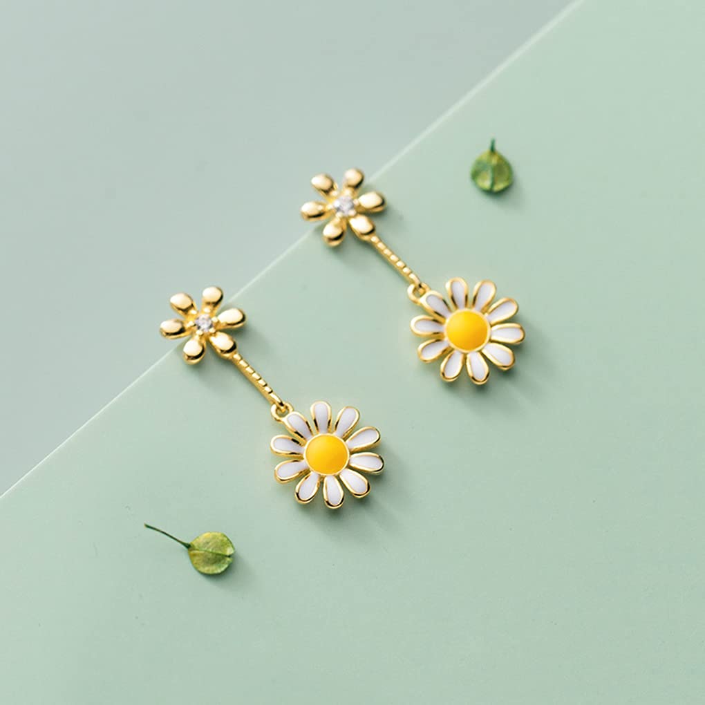 SLUYNZ 925 Sterling Silver CZ Daisy Earrings Dangle for Women Flower Drop Earring Studs
