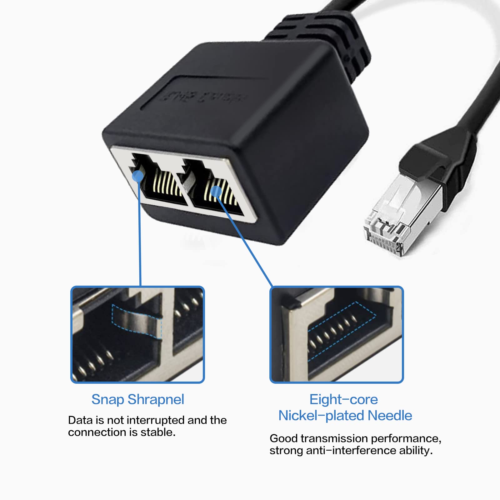 Tuliyet Ethernet Splitter, 1 Male to 2 Female Network Adapter RJ45 LAN Ethernet Socket Connector Adapter Suitable Super Cat5/Cat5e/Cat6 LAN Ethernet Cable Splitter