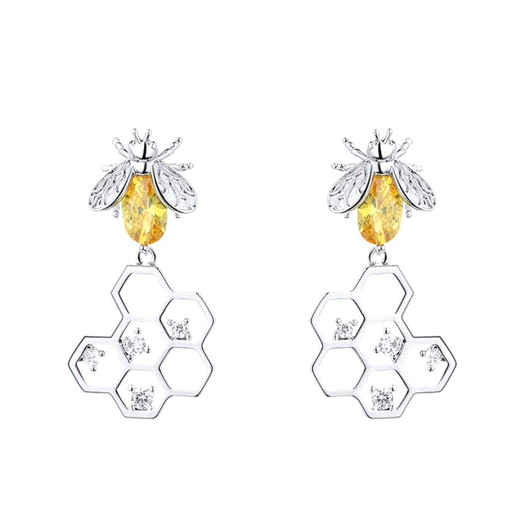 SLUYNZ 925 Sterling Silver Crystal Bee Earrings Drop fpr Women Honeycomb Dangle Earrings Studs