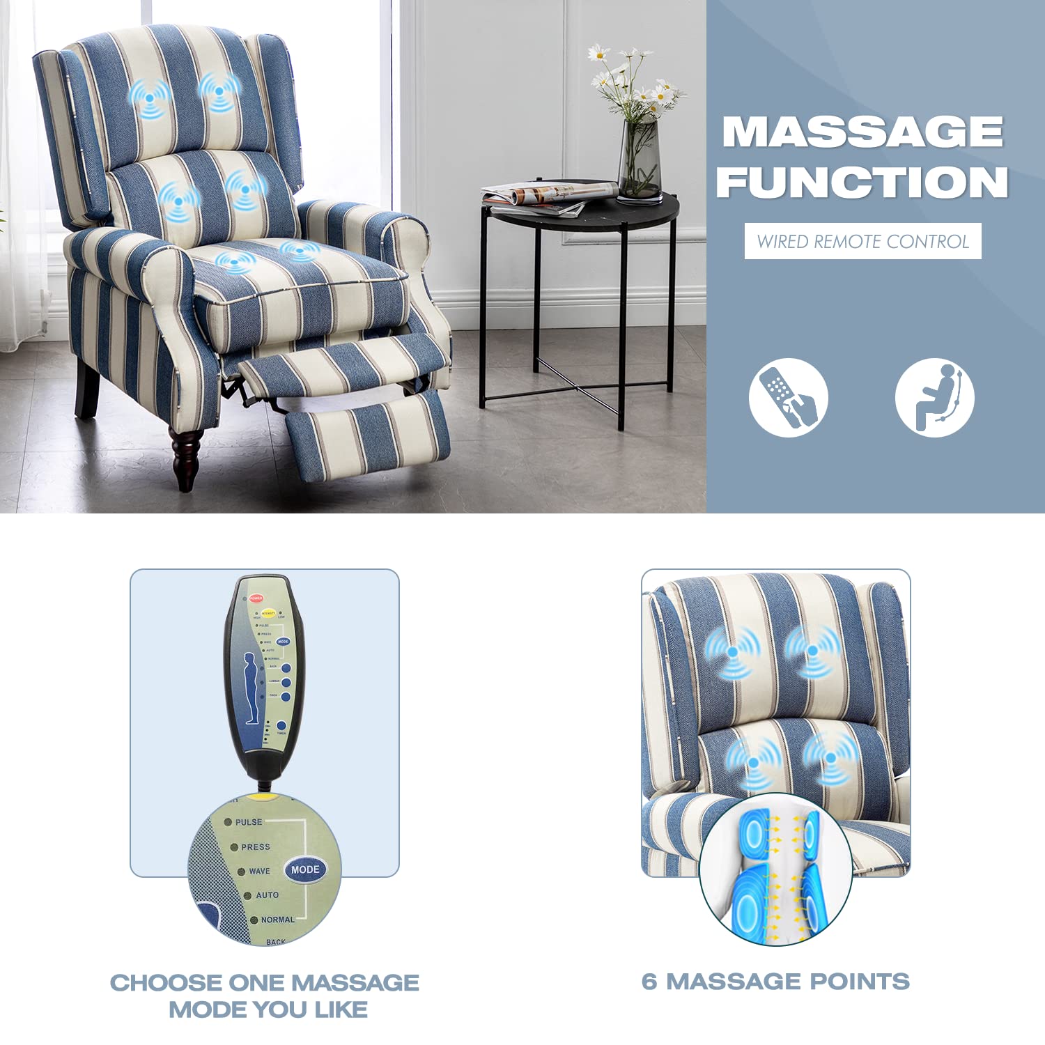 MELLCOM Upholstered Wingback Massage Recliner Chair, Traditional Push Back Recliner with Padded Seat, Wired Remote, for Living Room Bedroom, Coastline Style
