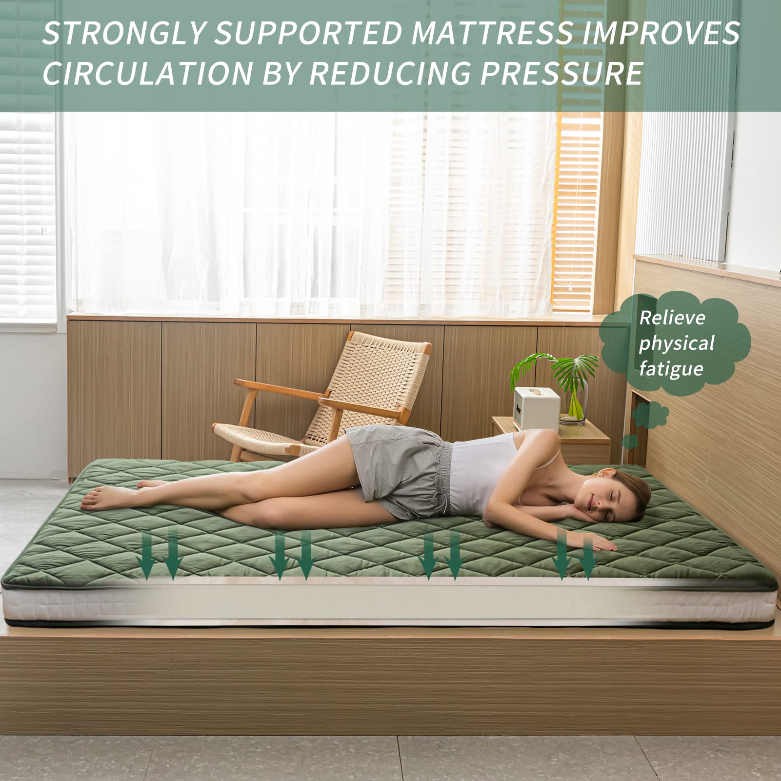 MAXYOYO Japanese Floor Futon Mattress Full Size, Floor Couch for Adults Roll Up Folding Floor Bed Portable Mattress Foam Mattress Queen, Diamond Patterned Japanese Futon Bed, Green