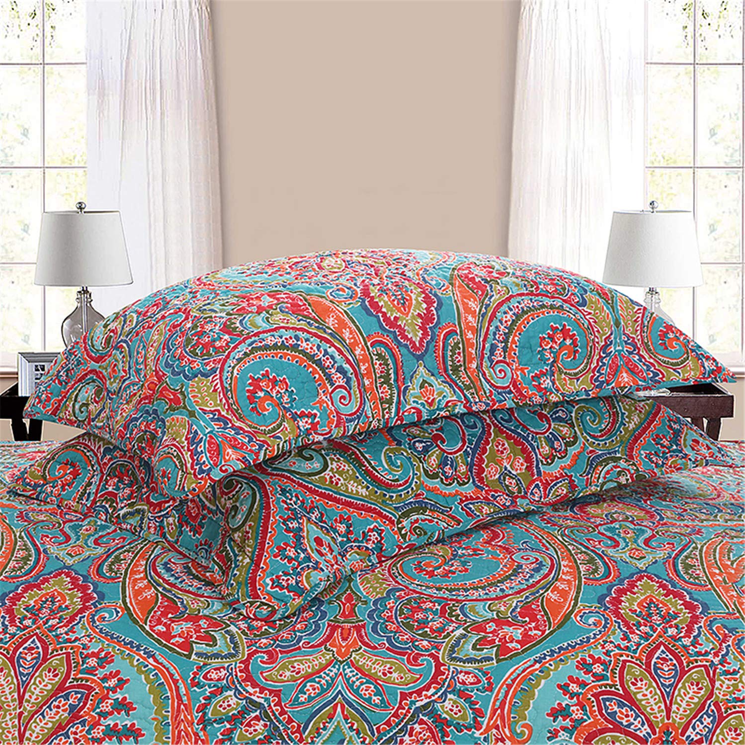 Newrara Jacquard Style Cotton 3 Pcs Patchwork Bedspread Boho Quilt Sets Queen Size(Red)