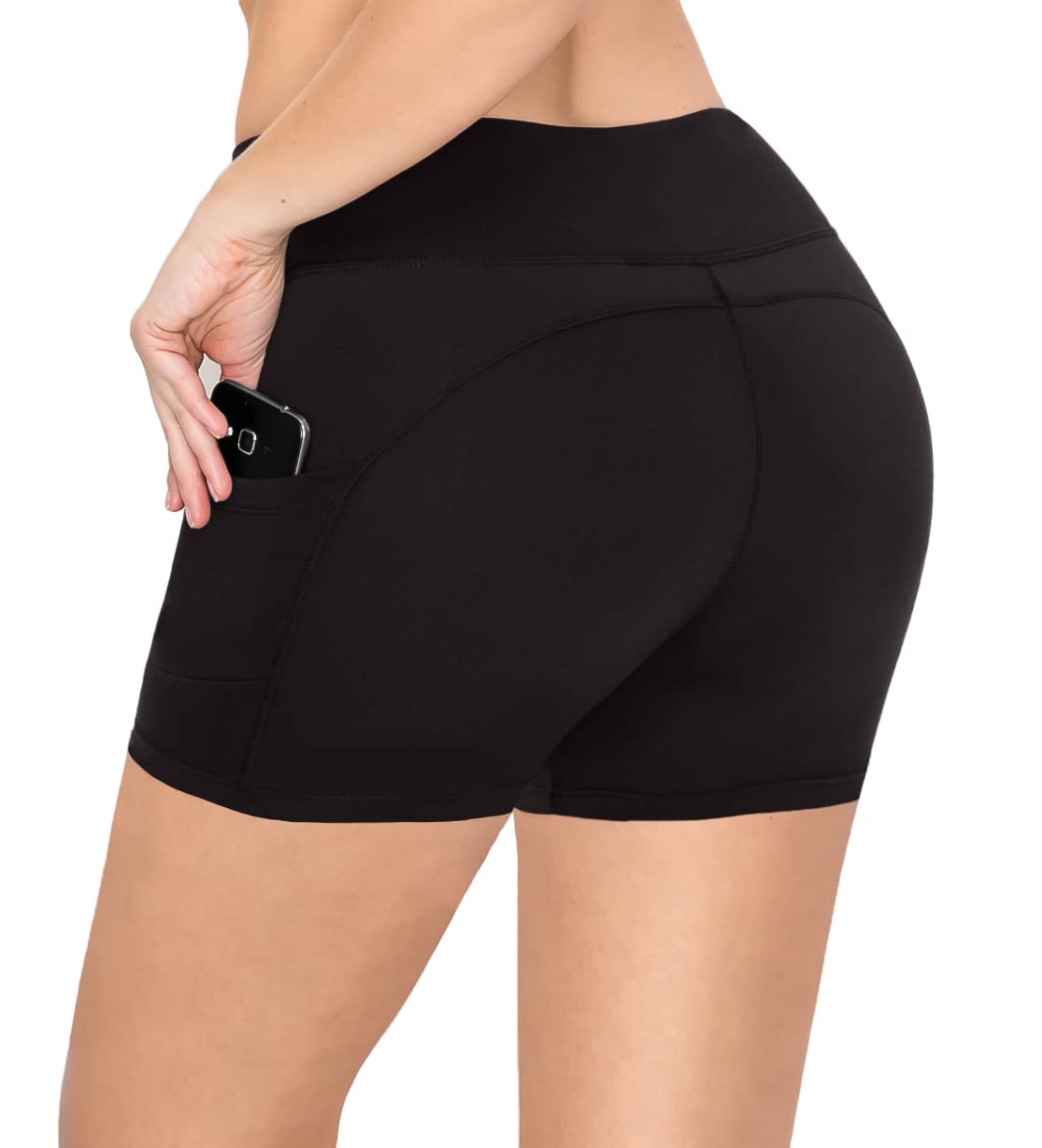 SATINA Womens Biker Yoga Shorts - High Waist with Pockets for Regular & Plus Size Women, 8-Inch, Black, Large