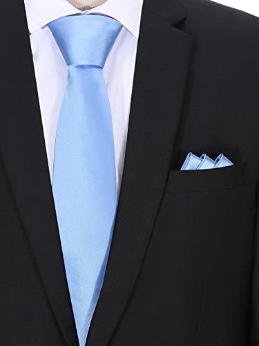 Vinlari Sky Blue Tie, Neck Tie for men, Silk Mens Tie and Pocket Square Set, Formal Business Plain Satin Ties with Handkerchief for Wedding Party Work Tie(Gift Box)