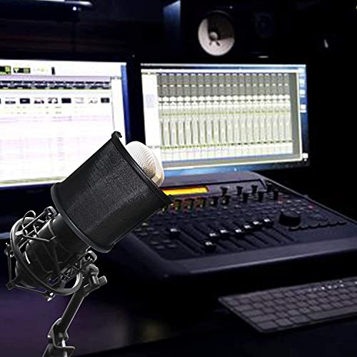 Microphone Shock Mount with Pop Filter, PEMOTech Mic Anti-Vibration Suspension Shock Mount Holder for 46mm-53mm Diameter Microphone, Compatible for AT2020 Microphone Shock Mount Bonus Screw Adapter