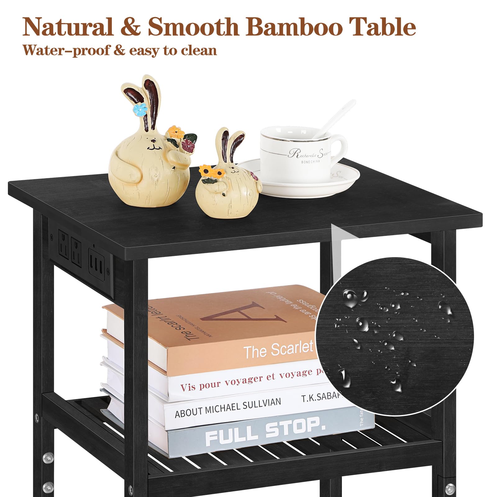 melos End Table with Charging Station, 3 Tier Bamboo Nightstands Set of 2, Bedside Table with USB Ports and Outlets, End Table Side Table for Bedroom, Living Room, Nursery, Rustic Farmhouse White