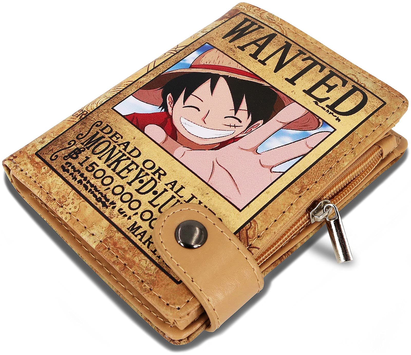 Roffatide Anime Luffy Wallets for Boys Bi-Fold Short Faux Leather Wallet Travel Slim Wallet with Zip Coin Pocket Khaki