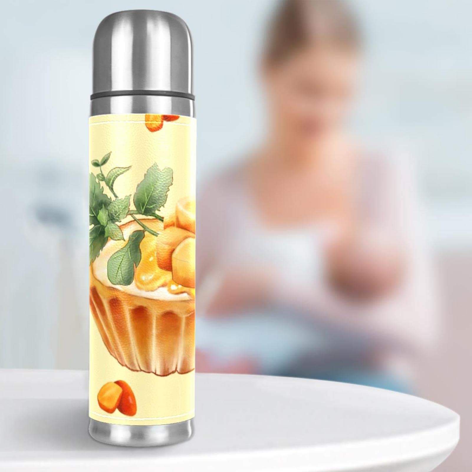 Stainless Steel Leather Vacuum Insulated Mug Mango Thermos Water Bottle for Hot and Cold Drinks Kids Adults 16 Oz