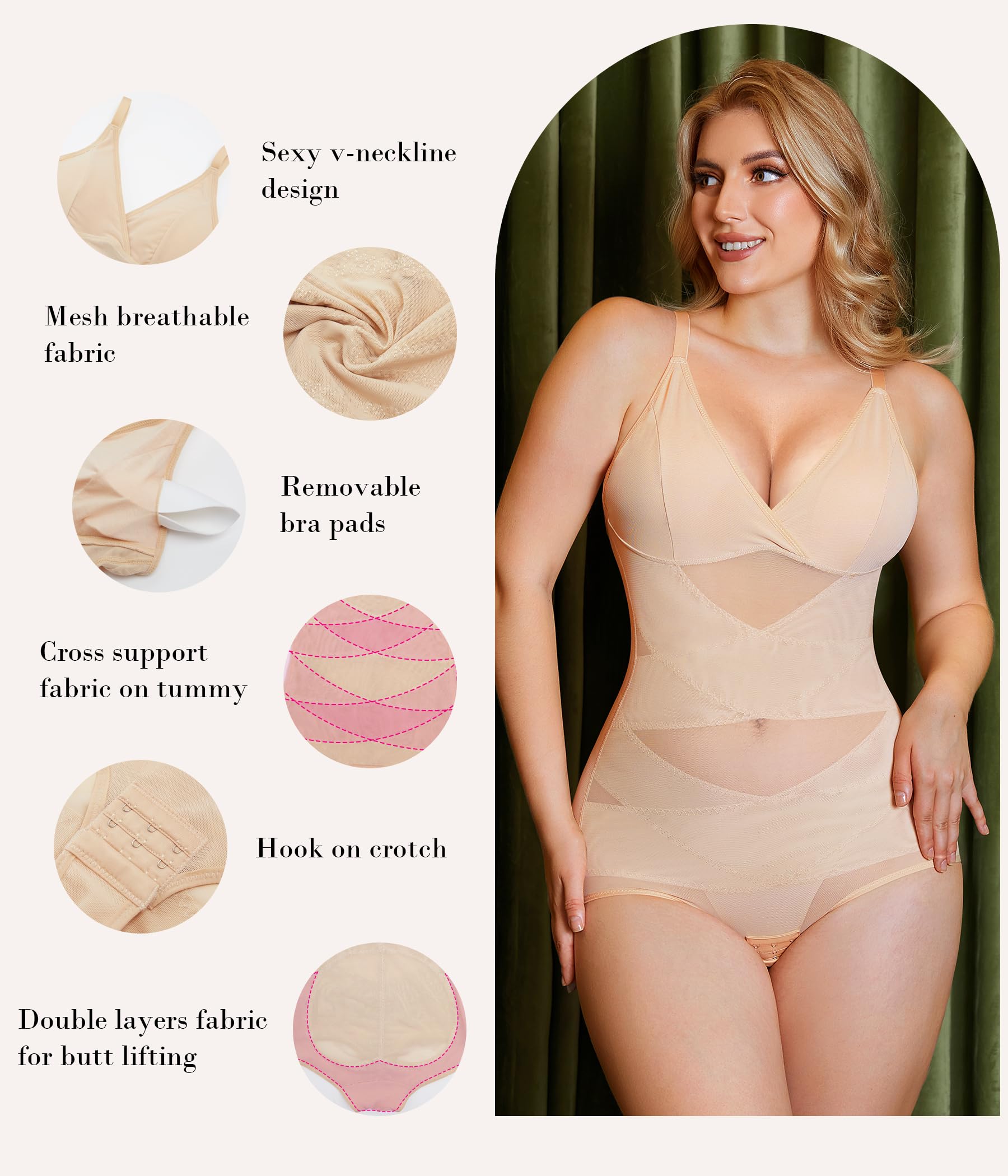 Nebility Women V Neck Shapewear Tummy Control Bodysuit Tank Top Full Body Shaper One Piece Cami Leotard (Large, Beige Normal Size)
