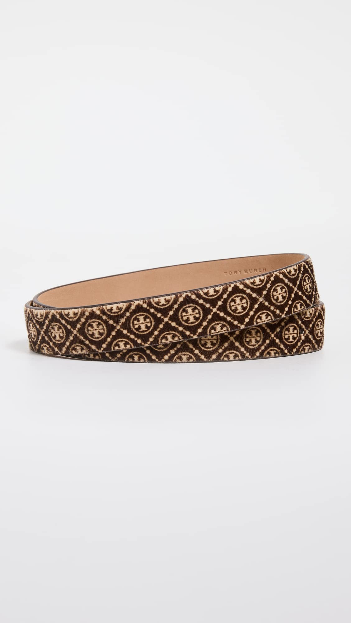 Tory Burch Women's 1" T Monogram Haircalf Belt, Cold Brew, Brown, Print, S