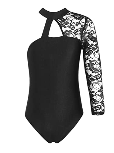 TiaoBug Girls Open Back Long Sleeve Gymnastics Leotard Off-Shoulder Turtle Neck Ballet Dance Leotard Bodysuit Activewear Black B 6