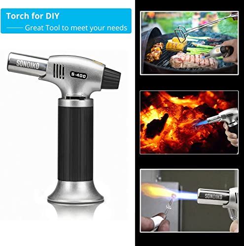 Sondiko Butane Torch and Fuel Refill, S400 with 170 ml Gas Included. Kitchen Torch Lighter Blow Torch with butane refill for BBQ, Creme Brulee, Baking.