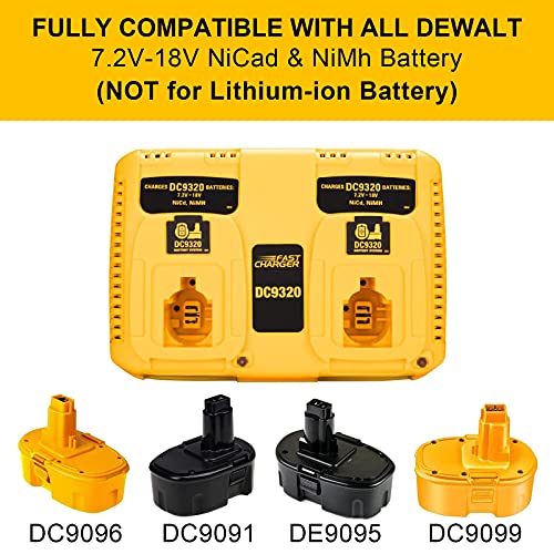 YEX-BUR 7.2V-18V Dual Battery Charger DC9320 Replacement for Dewalt 18V 14.4V 12V 9.6V 7.2V NiCd NiMh XRP Battery DC9098 DC9099 DW9099 DC9096 DW9094 DW9072 DW9062 DW9057 Fast Charger