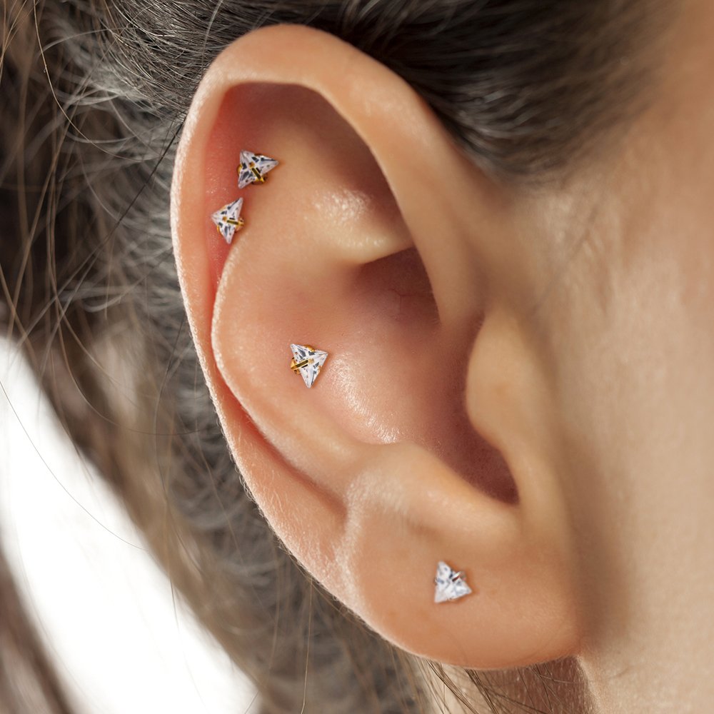 MoBody 2PCS Labret Piercing Studs Set 16G Crystal Clear CZ Internally Threaded Monroe Lip Ring Helix Earring (Rose Gold-Tone - 6mm)