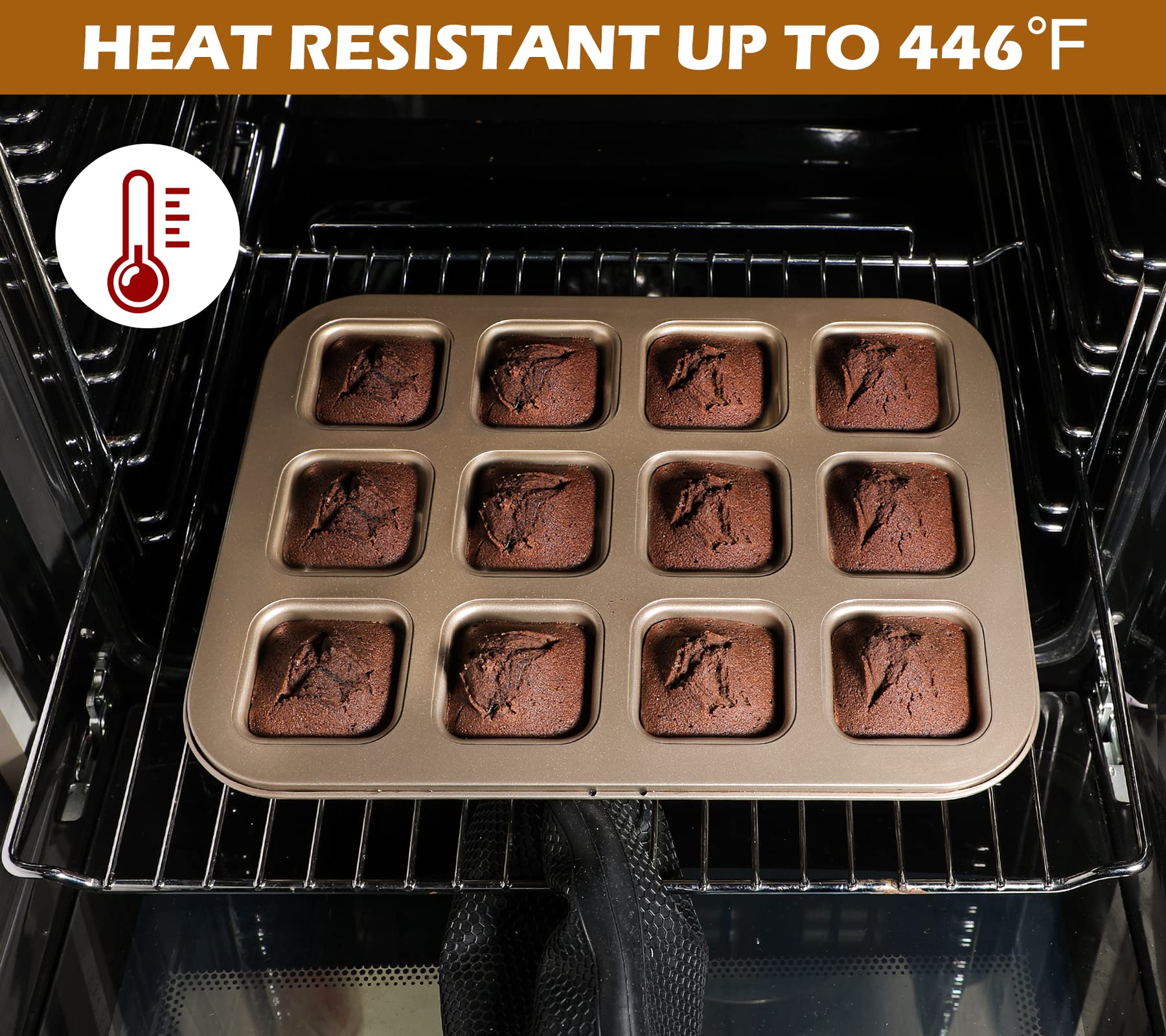 Webake Brownie Cake Pan, 12-Cavity Non-Stick Square Muffin Pan 1.6 Inch Deep Brownie Mold Small Cake Pan Bakeware for Oven Baking (Champagne Gold)