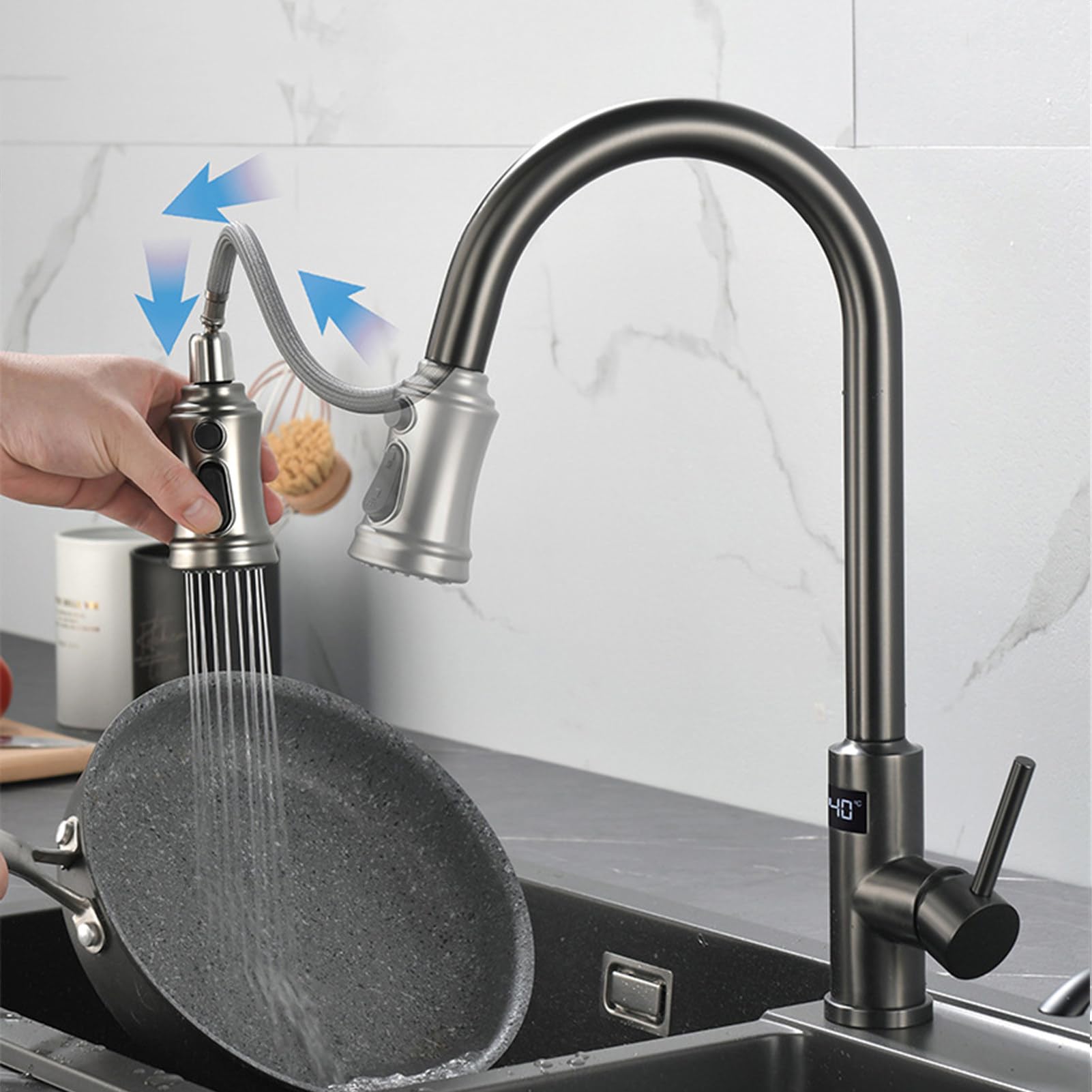 MayNuo Touchless Kitchen Faucet with Pull Down Sprayer, Digital Display Single Handle Brass Sink Faucets with 3 Function Pull Out Sprayer Head, Sensor Smart Hands-Free Mixer Taps/Gray