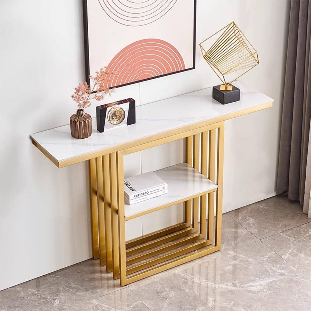 Modern Faux Marble Narrow Hall Desk Sofa Side Table, 2-Tier Open Storage Shelf, Slim Display, Accent Table for Entryway, Living Room, Bedroom and Foyer (Color : Gold, Size : 80x30x80cm)
