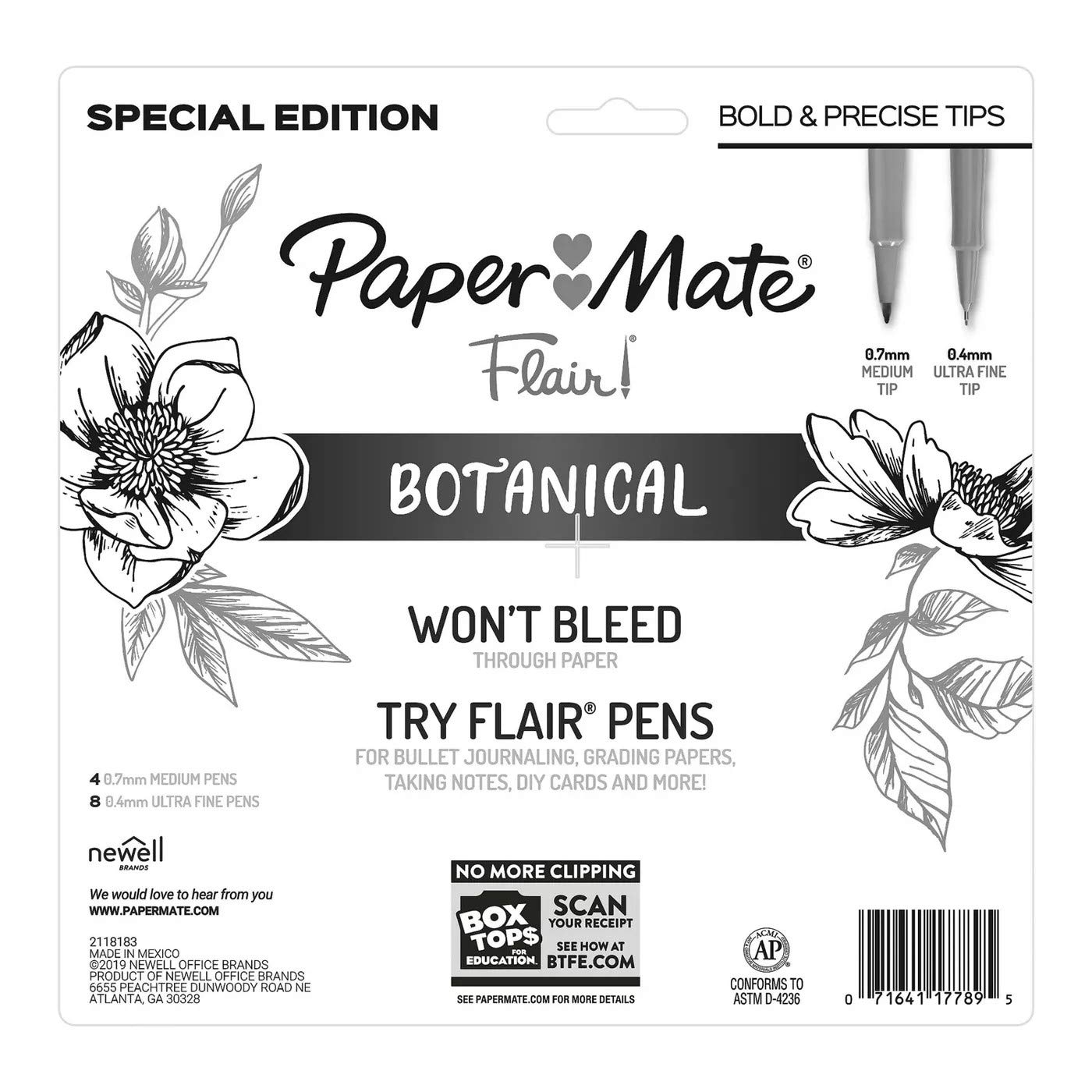 Paper Mate Flair Felt Tip Pens, Medium and Ultra Fine Point, Assorted, Special Edition Botanical, 12 Pack