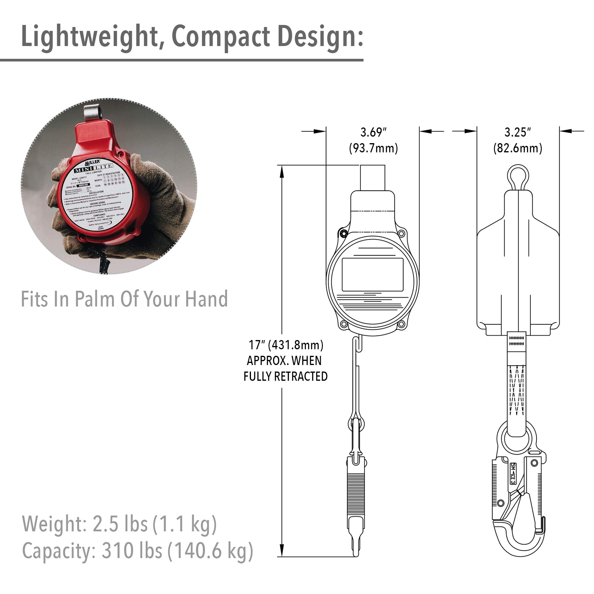 Miller by Honeywell MiniLite 11-Foot Personal Fall Limiter with Steel Carabiner and Snap Hook, 310 lb. Capacity (FL11-1-Z7/11FT)