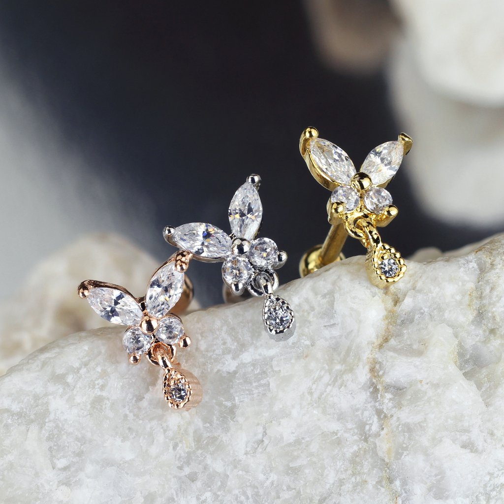MoBody Clear CZ Jeweled Butterfly Tragus Earring Surgical Steel Dangle Cartilage Helix Piercing Stud 16G (Silver-Tone)