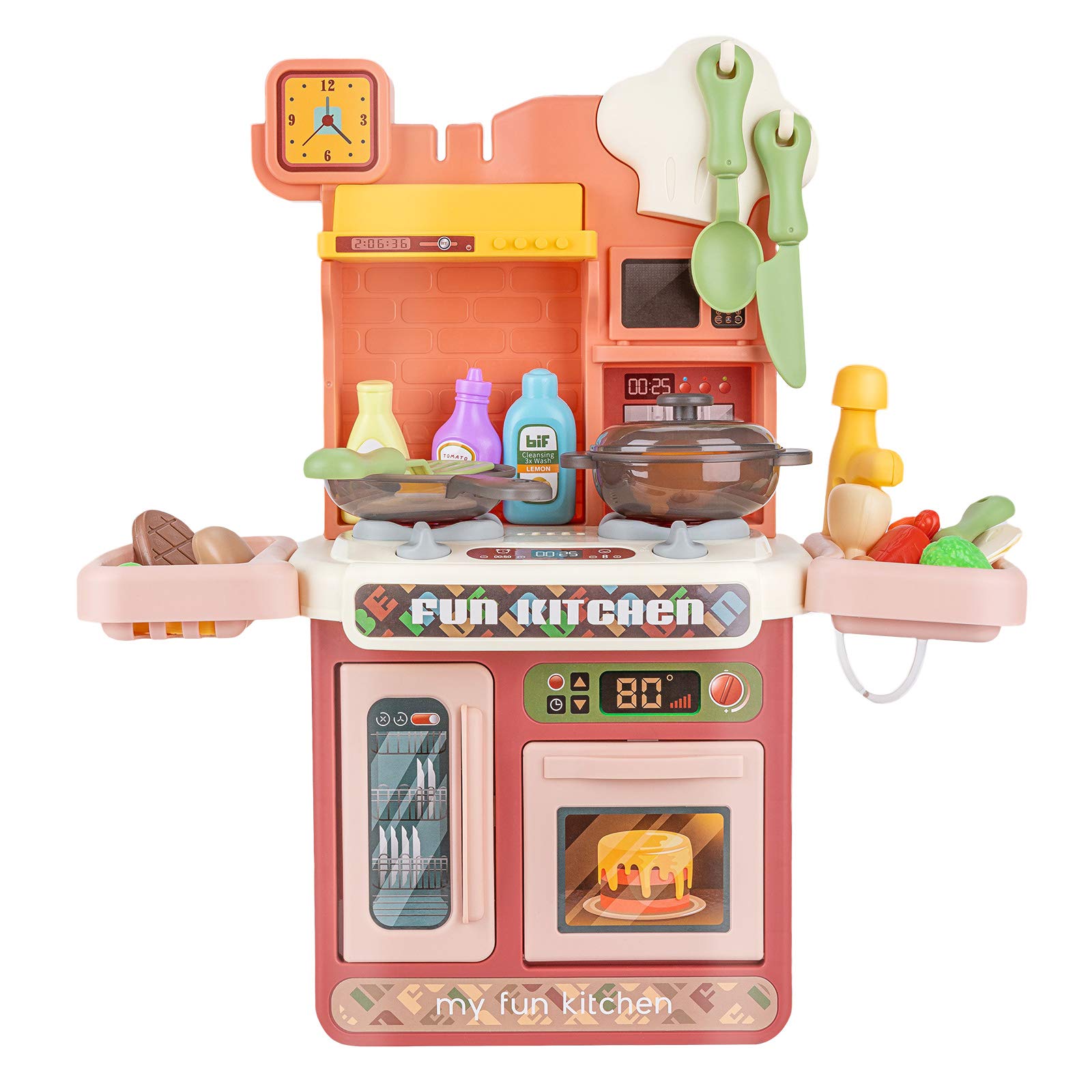 Mujiya Play Kitchen Set for Kids, Kitchen Toys with Real Sounds & Lights, Play Sink, Cooking Stove, Pretend Play Kitchen Food Toys, 24Pcs Kitchen Playset for Toddlers Ages 4-8, Gift for Boys and Girls