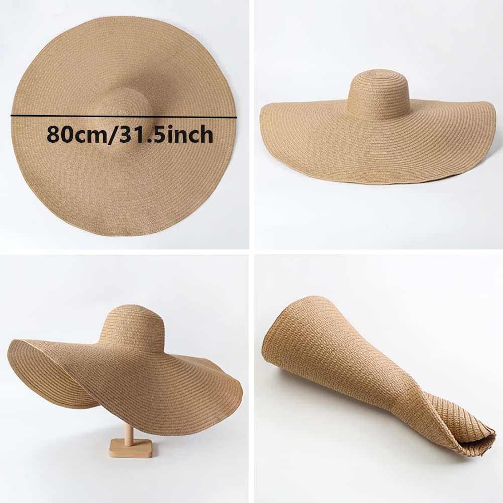 Straw Hat Oversize Hat Wide Brim Summer Hat Handmade Roll Up Floppy Sun Hat for Summer Beach Cap for Women (Khaki)-80CM