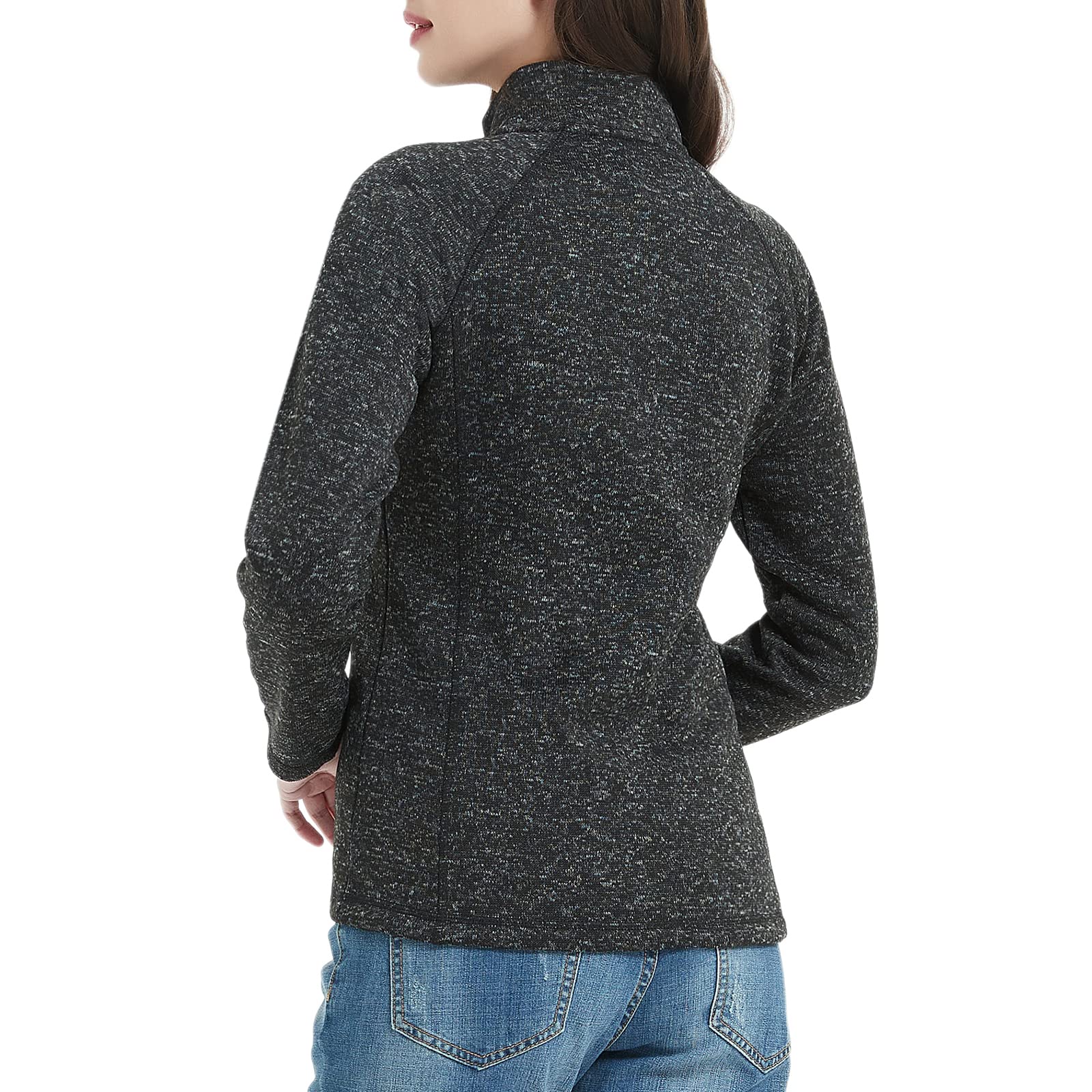 SLOWTOWN Women's Sweater Fleece Jacket Zip-up Sweater Lightweight Speckled Jacket with Pockets (Black, Medium)