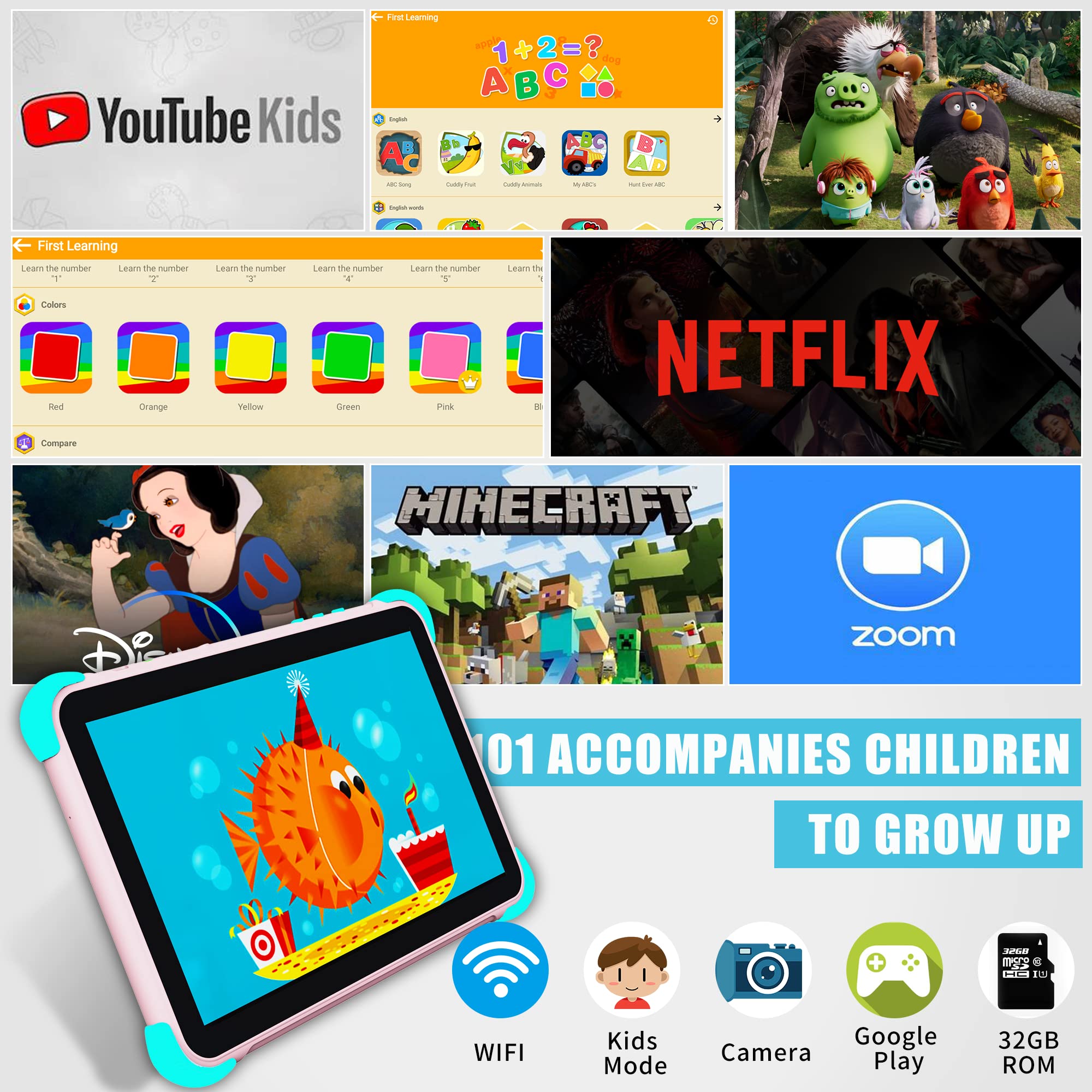 YINOCHE Tablet for Kids 10 Kids Tablet for Toddlers Tablet 32G Kids Learning Tablets for Kids Android Children Tablet WiFi,IPS Touch Screen,Parental Control Dual Camera Kid Tablet YouTube Neflix(Pink)