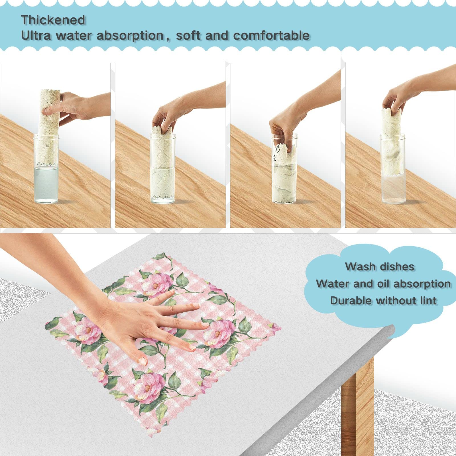 SUABO Pink Rose Plaid Checkered Kitchen Dishcloths, 6 Pack Dish Towels Quick Drying Tea Towels Absorbent Cleaning Towels Tableware Towel for Kitchen Bathroom