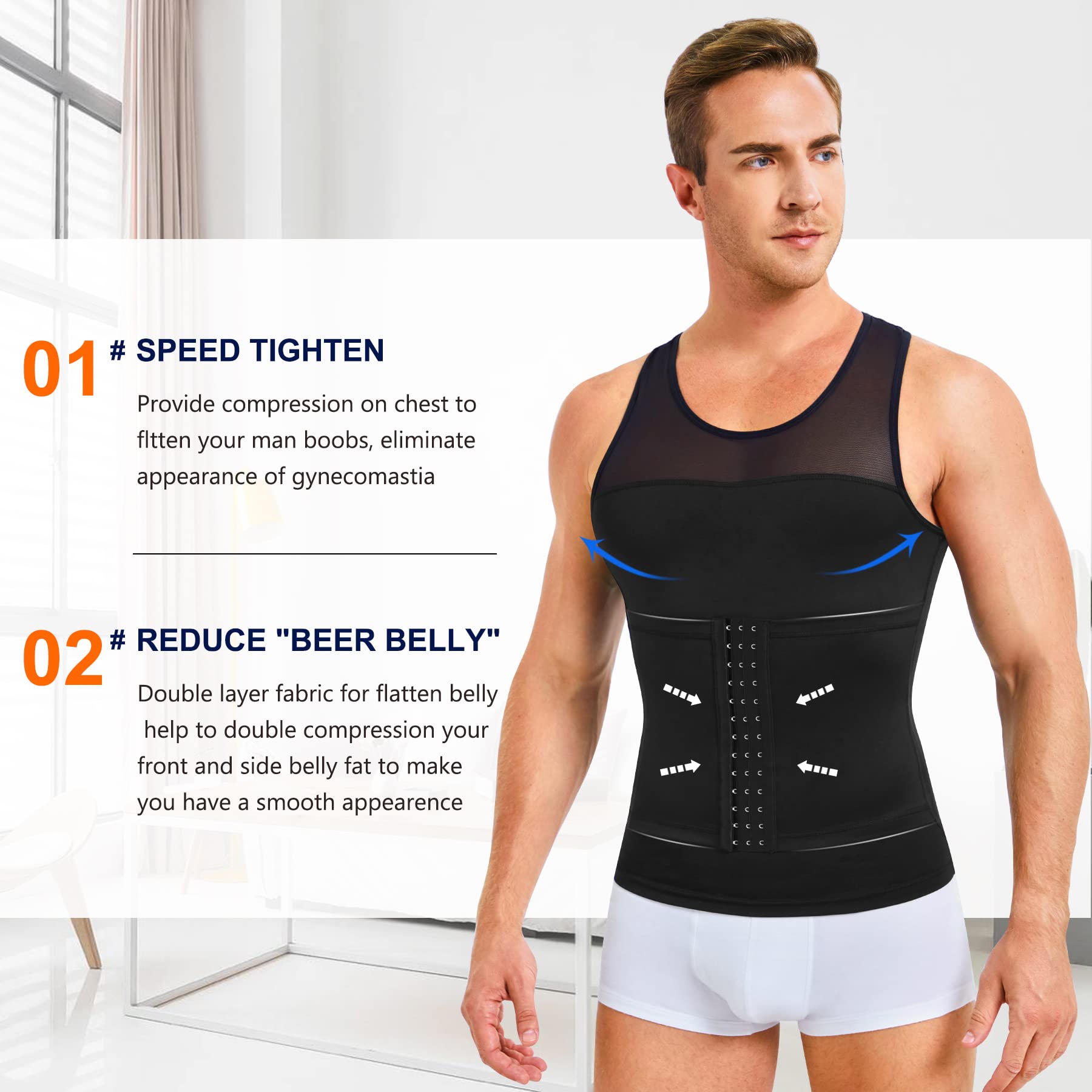 Wonderience Compression Shirts for Men Slimming Body Shaper Waist Trainer Tank Top Vest with Hooks(Black,2X-Large)