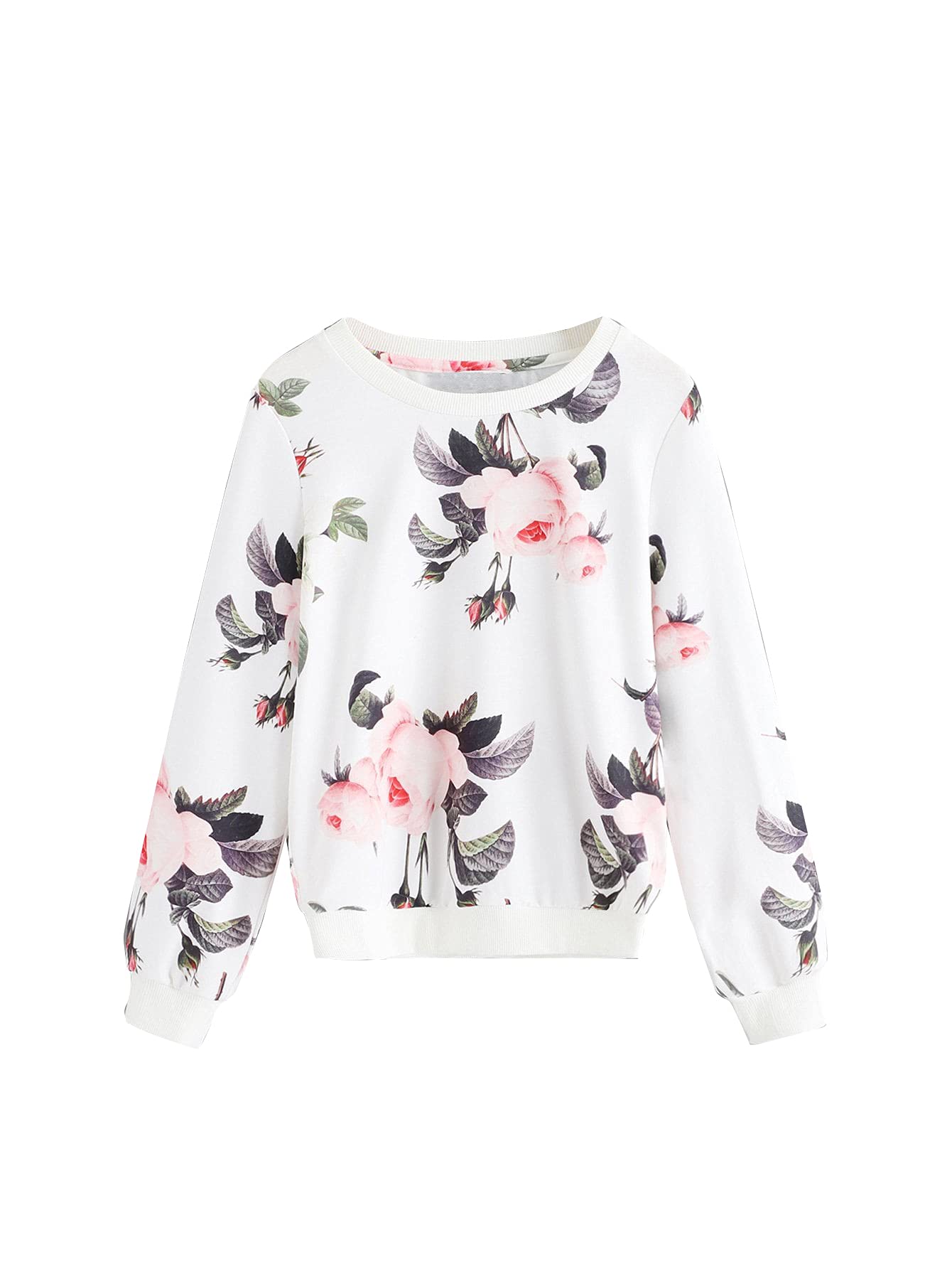 Romwe Girl's Kids Sweatshirt Floral Long Sleeve Round Neck Pullover Tops White 120