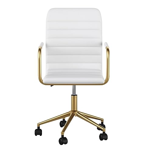 Martha Stewart Taytum Swivel Task Chair with Armrests for Home Office in White Faux Leather with Polished Brass Frame