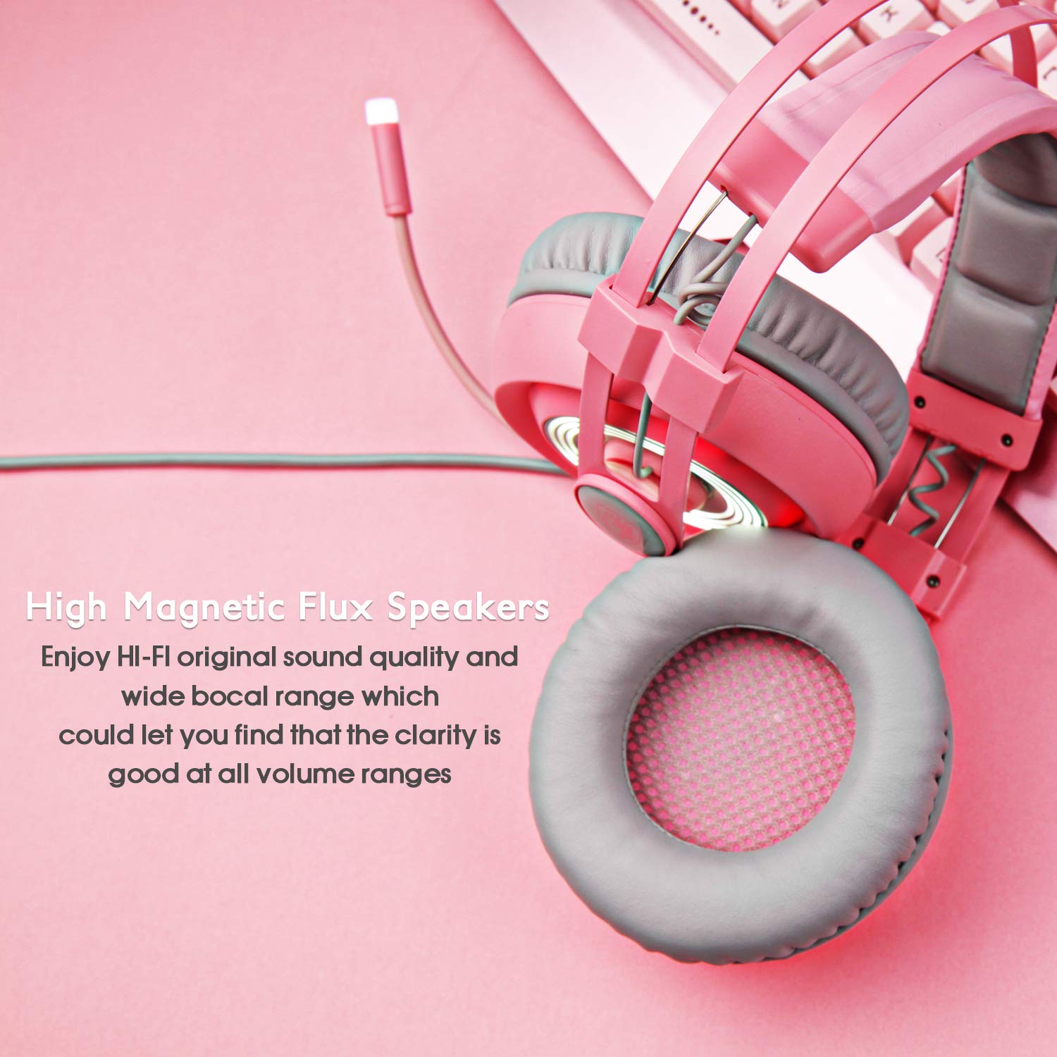 SADES Gaming Headset for PC Mac, USB 7.1 Surround Sound Wired Headset with Mic,LED Light & Noise Cancelling Over Ear Headphones - Pink