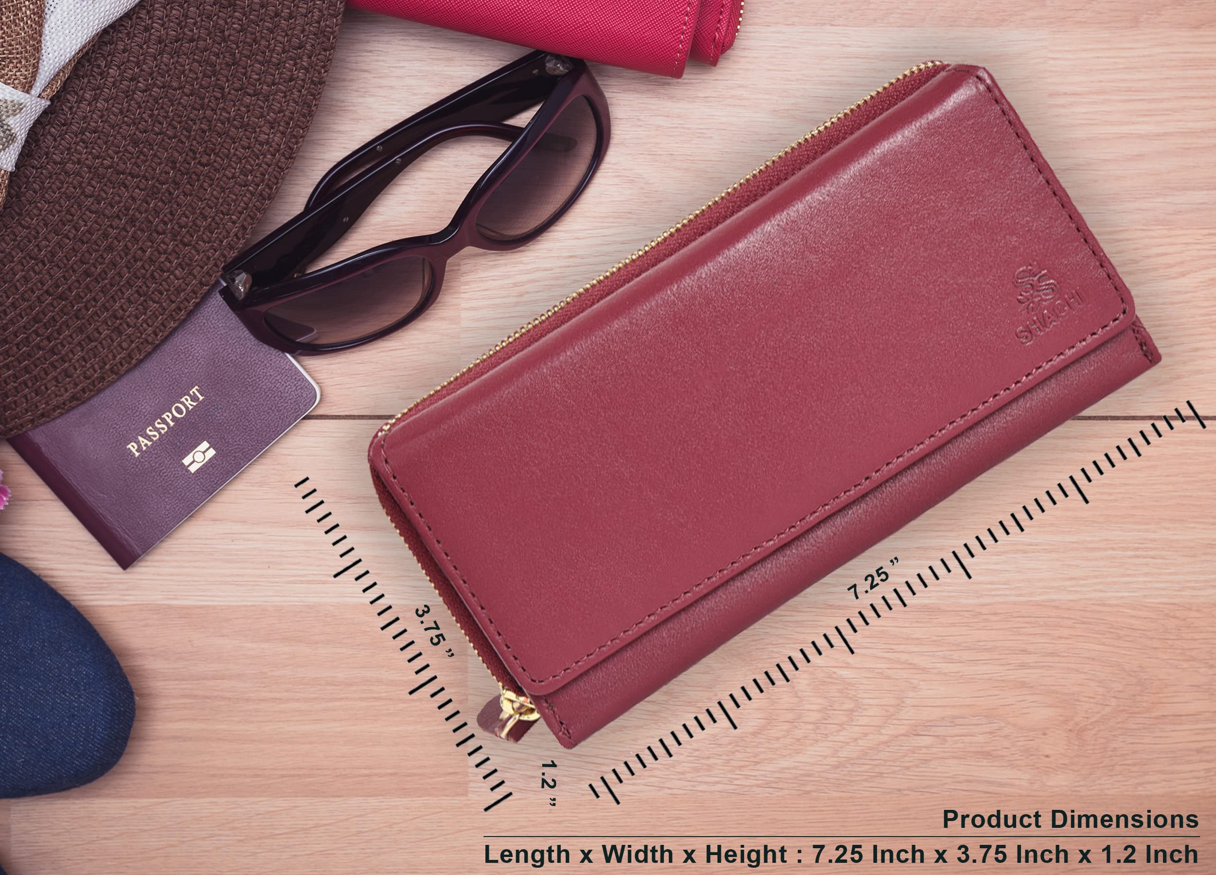 Womens Leather Wallet Rfid Blocking Zip Around Clutch 2 ID Window With 32 Slots | Real Smooth Genuine Leather Wallet | Multiple Card Holder | Compact Premium Best Handmade Gift | Burgundy