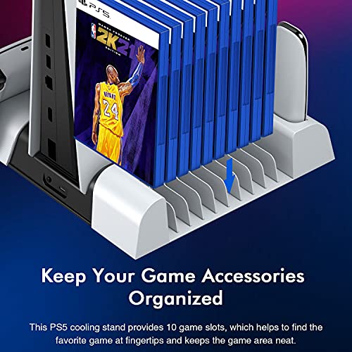 PS5 Cooling Station with Controller Charger, PS5 Horizontal Stand for Standard and Digital Playstation 5 Console, PS5 Accessories Cooler Stand with Headset Holder, Game Slot, AC Adapter