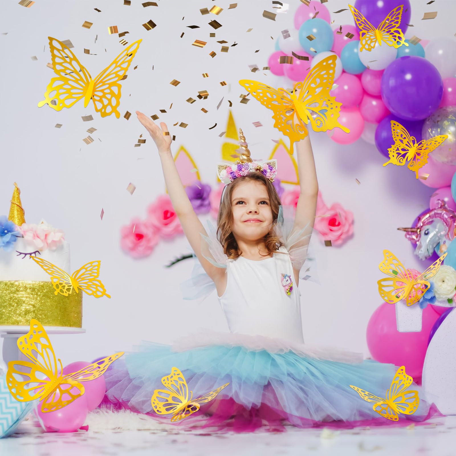 Yeaqee 48 Pcs Large Butterfly Party Decoration 3D Butterflies Wall Decor Set 2 Sizes 3 Styles Large Stickers for Birthday Baby Shower Nursery Bedroom Wedding Decor Cutouts (Gold)
