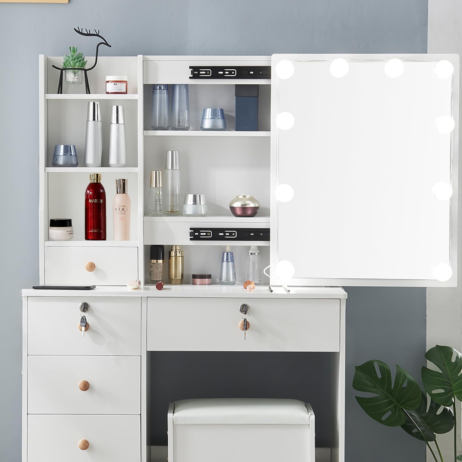 Makeup Vanity Dressing Table with 3 Color Lighting and Mirror, Vanity Set with Cushioned Stool and Drawers, Shelves for Bedroom, Dressing Room